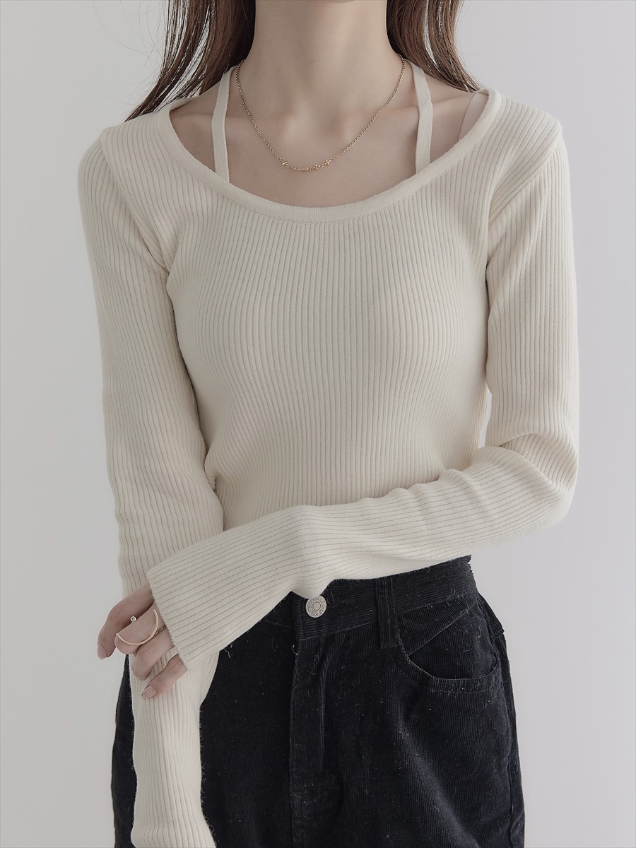 【RE ARRIVAL】ribbon strap design rib knit / cream amel