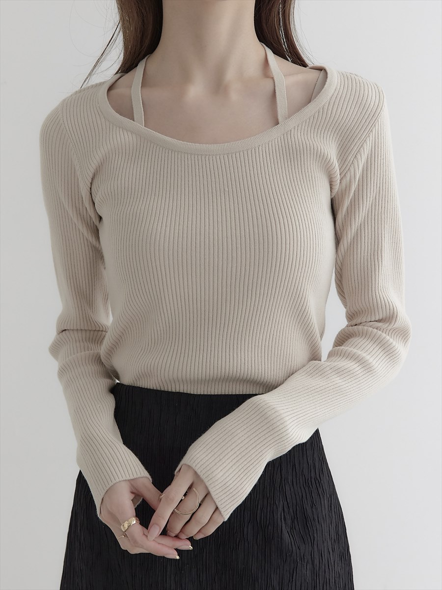 【NEW】ribbon strap design rib knit / beige Tops